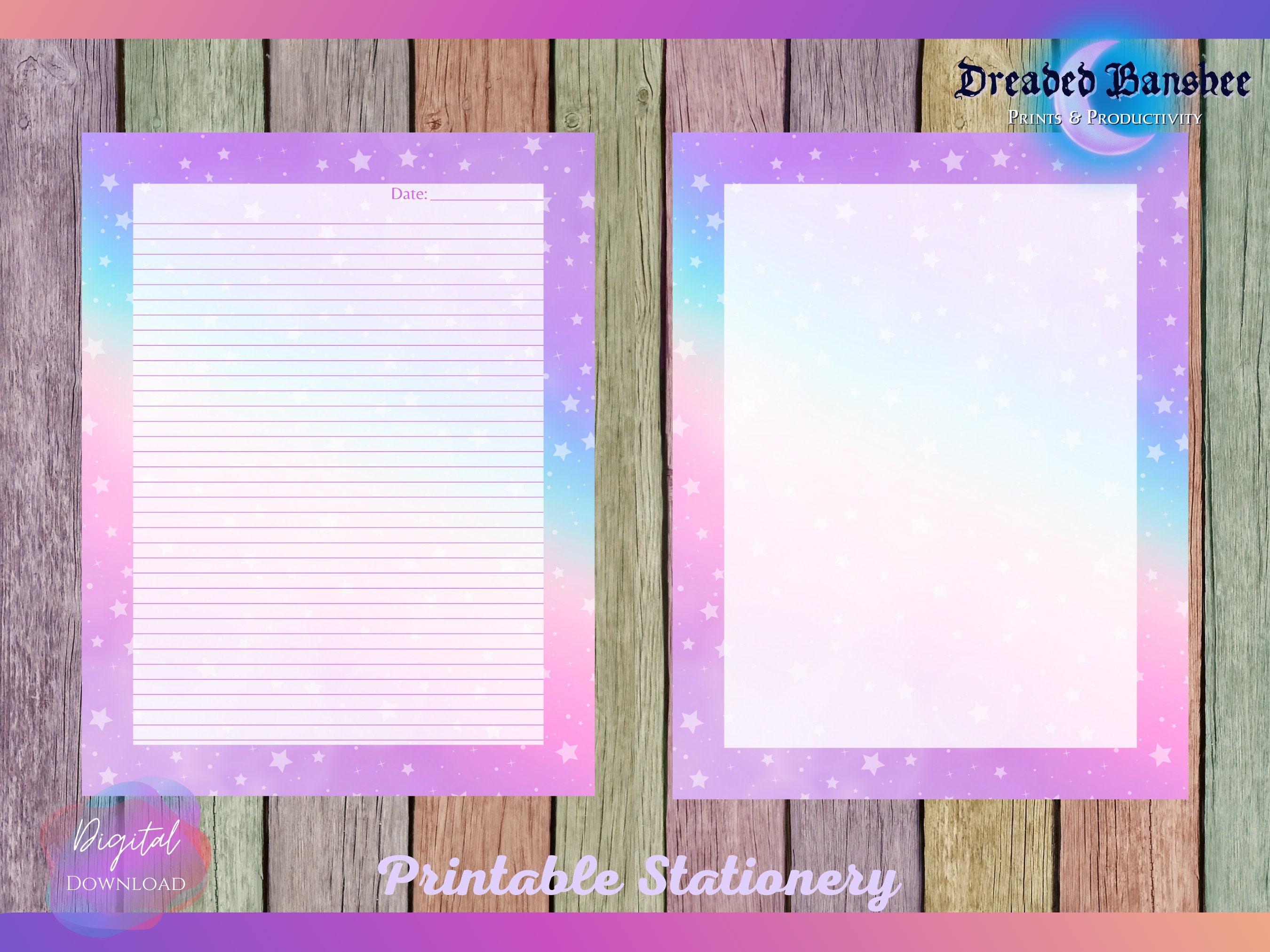 Rainbow Dream Stars Printable Stationery, Digital Download, Writing ...