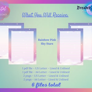 Rainbow Pink Sky Stars Printable Stationery, Digital Download, Writing ...