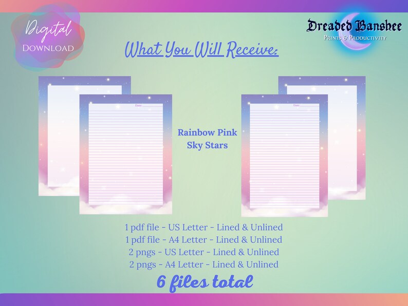 Rainbow Pink Sky Stars Printable Stationery, Digital Download, Writing ...