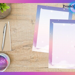 Rainbow Pink Sky Stars Printable Stationery, Digital Download, Writing ...