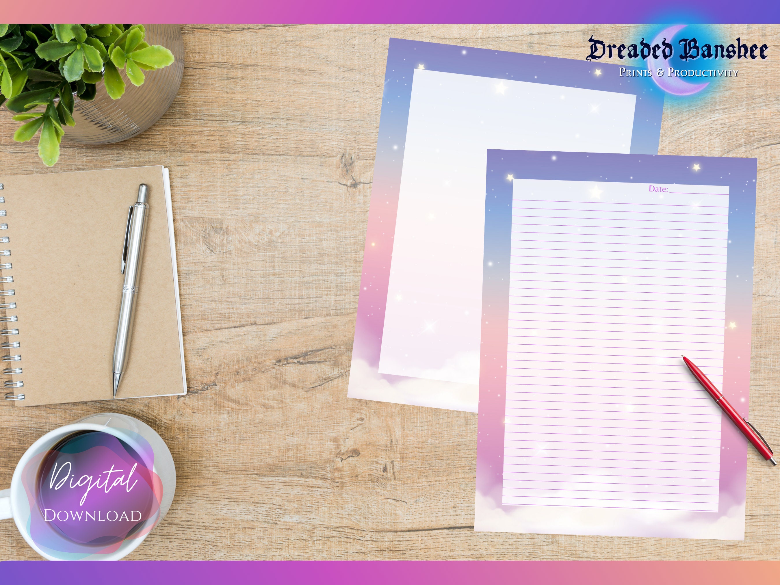 Rainbow Pink Sky Stars Printable Stationery, Digital Download, Writing ...