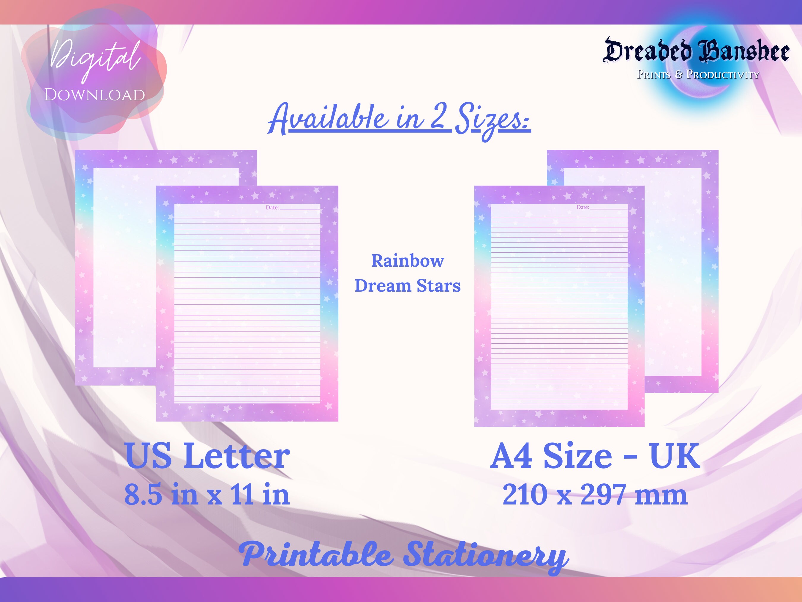 Rainbow Dream Stars Printable Stationery, Digital Download, Writing ...