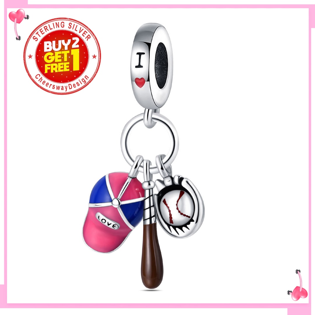 Baseball Bat Baseball Cap and Pitcher Glove Dangle Charm, Sterling ...