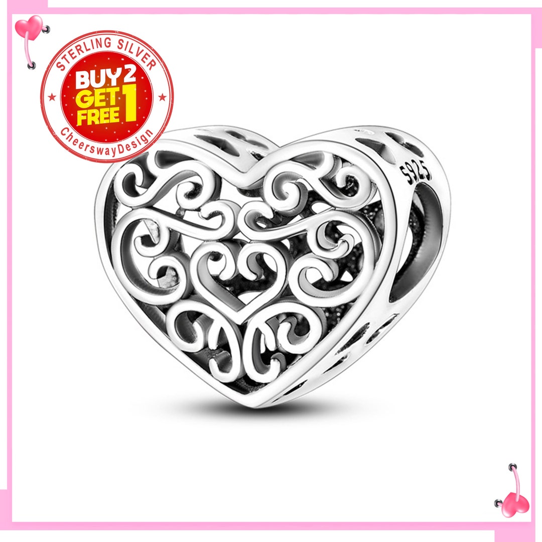 Filigree Heart Beads Charm, Sterling Silver Charm, Necklace Charm, Fits ...
