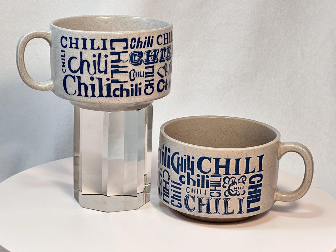 Chili Soup Mugs Pair Midcentury Large Coffee Cups Set of Two Blue Denim ...
