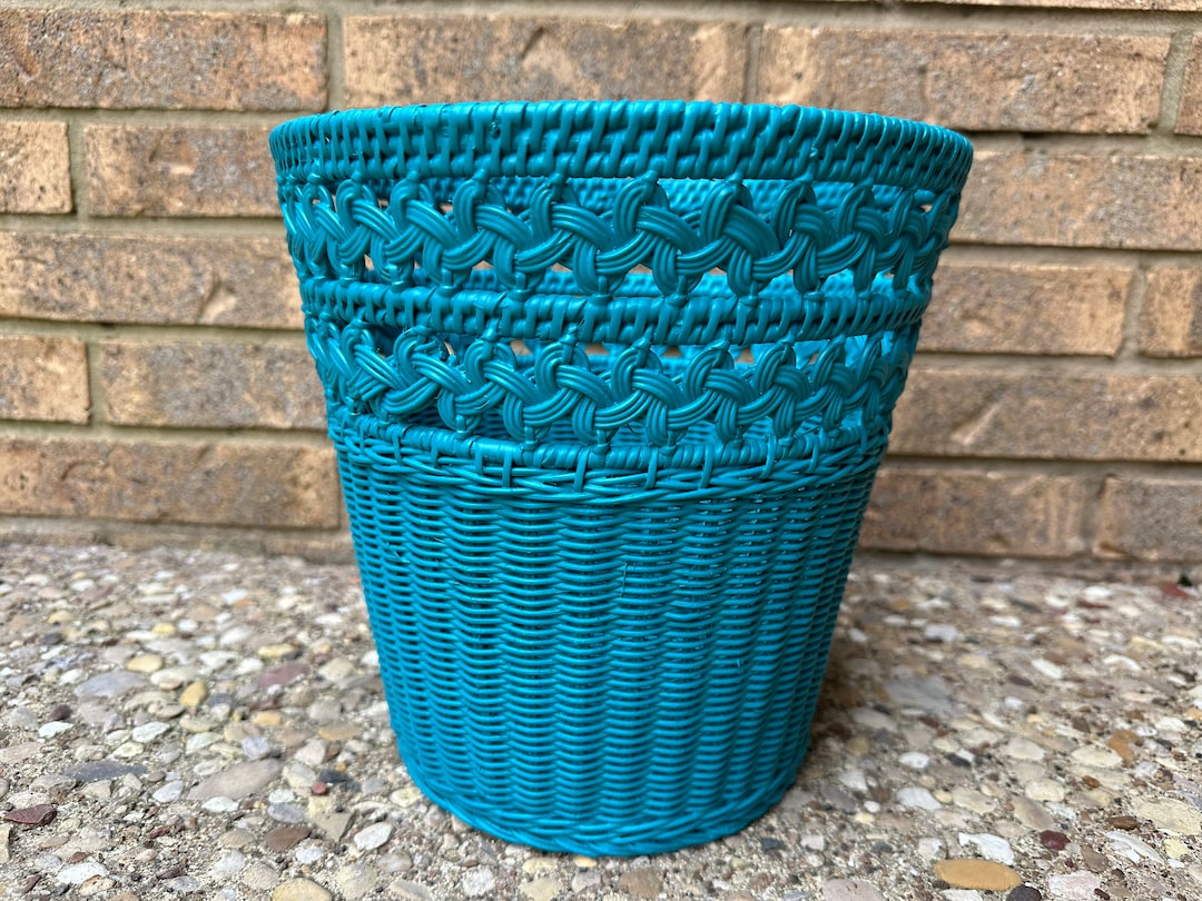 Vintage Wicker Waste Basket Turquoise 1990s Jewel Blue Teal Aqua Rattan ...