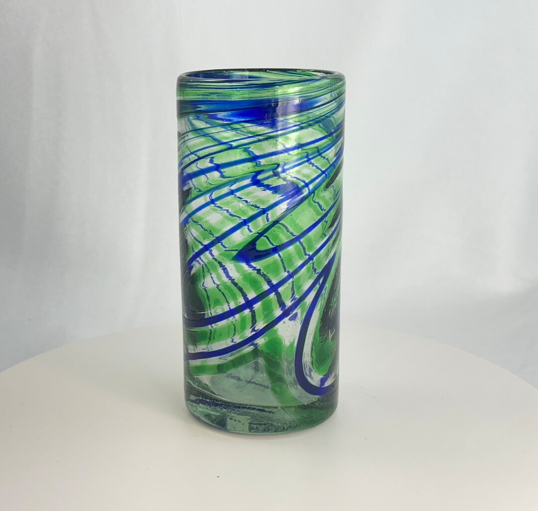 Hand Blown Mexican Art Glass Cobalt Blue Sapphire Green Clear Swirl ...