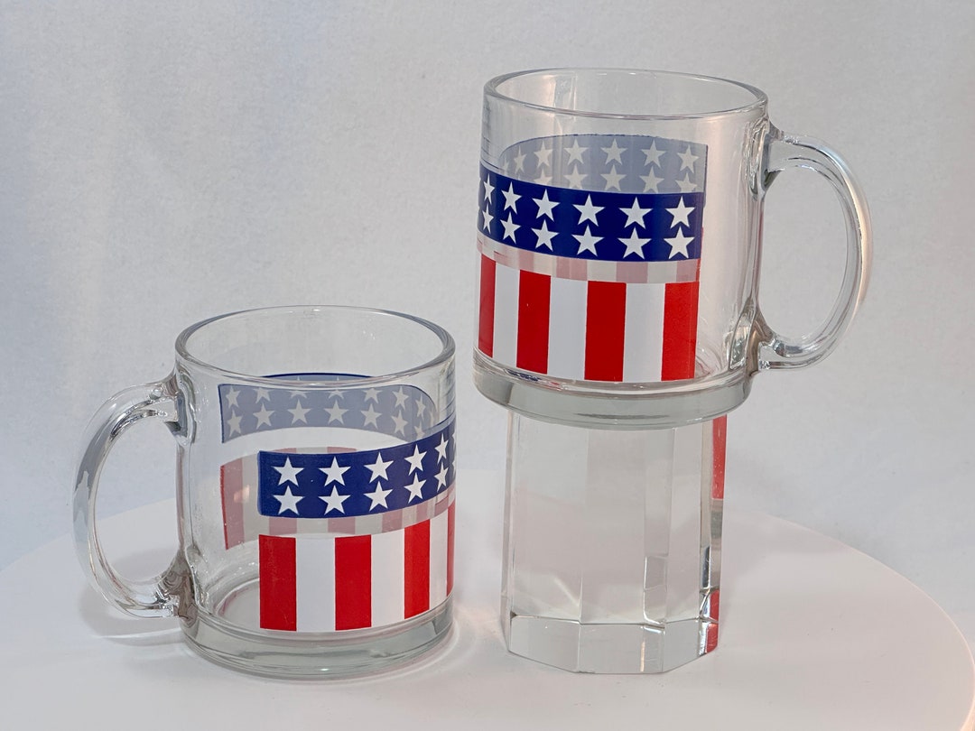 Two Libbey Stars and Stripes Handled Glass Mugs Patriotic USA Glassware ...