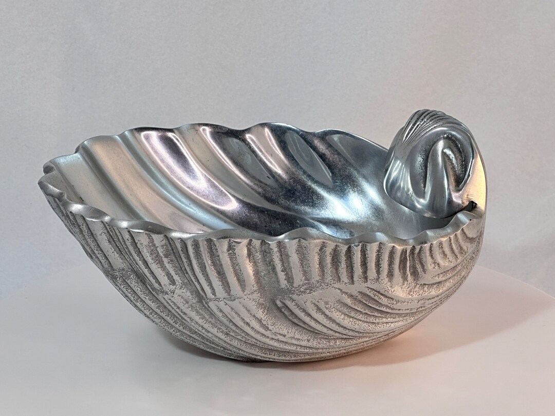 Solid Cast Aluminum Sea Shell Bowl Sculpture Dish Vintage Silver Metal ...