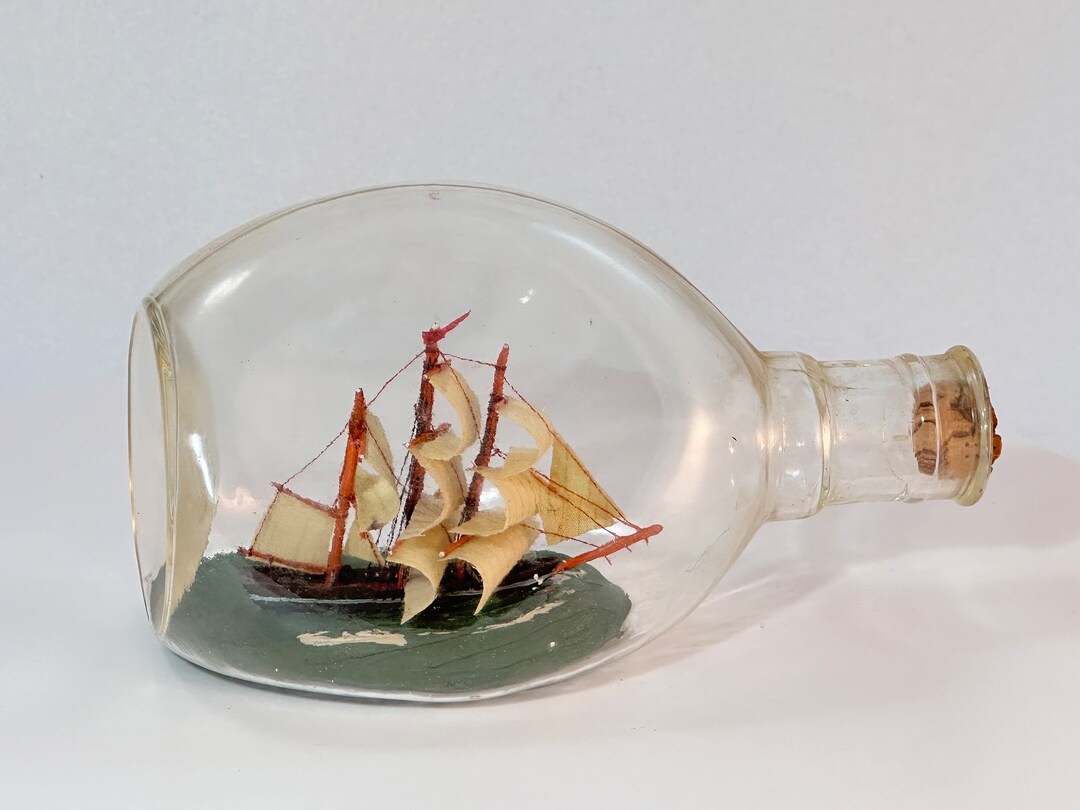 Vintage Ship in a Bottle Model Boat Dimple Pinch Glass With Cork Three ...