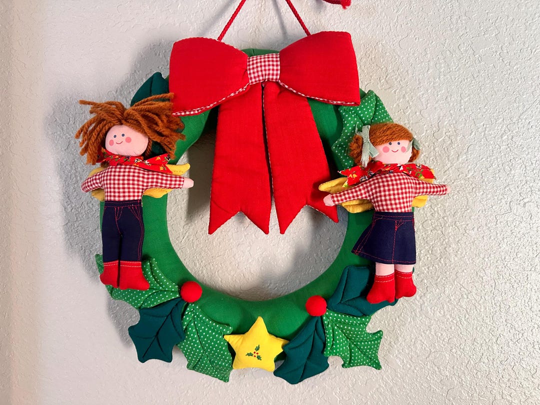 80s Quilted Kawaii Wreath Happy Face Cookie Country Angel Kids Gingham ...