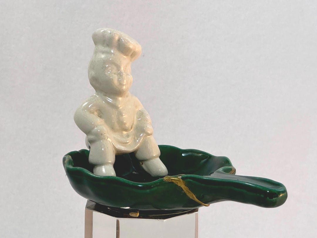 1930s Tiny Chef Spoon Rest Green and Ivory Ceramic Spoon Rest Vintage ...