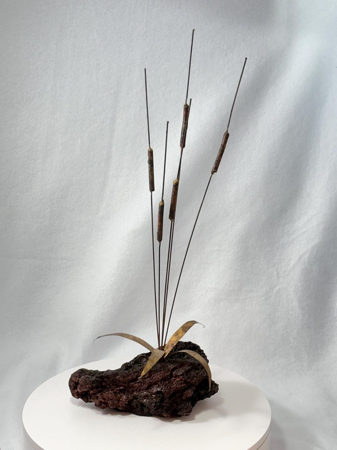 Brass Cattails Sculpture on Lava Rock Vintage Metal Art Midcentury ...