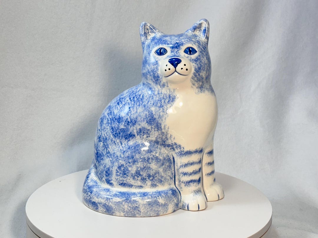Large Blue Cat 80s Ceramic Cobalt Cornflower Sponge Figurine Statue ...