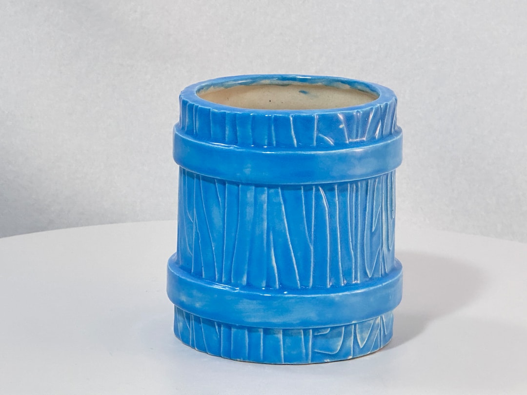 Cerulean Blue Barrel Ceramic Pencil Cup Faux Bois Woodgrain Vintage ...
