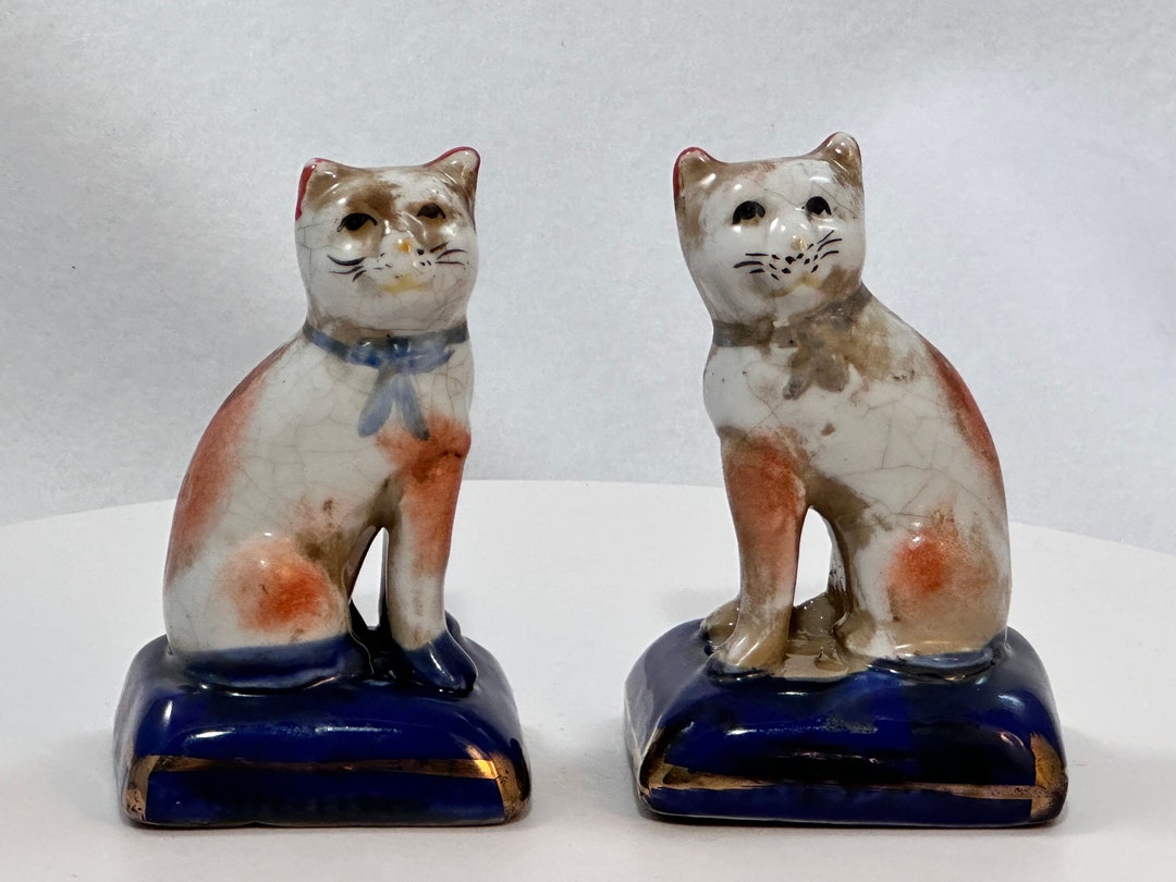 Pair Antique Staffordshire Ceramic Cats Mantle Calico Set Crackle Glaze ...