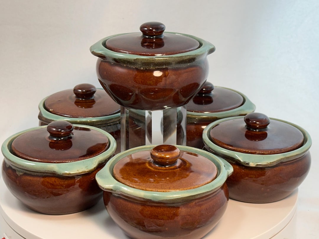 Six Individual Covered Chilis With Lug Handles Turquoise and Molasses ...