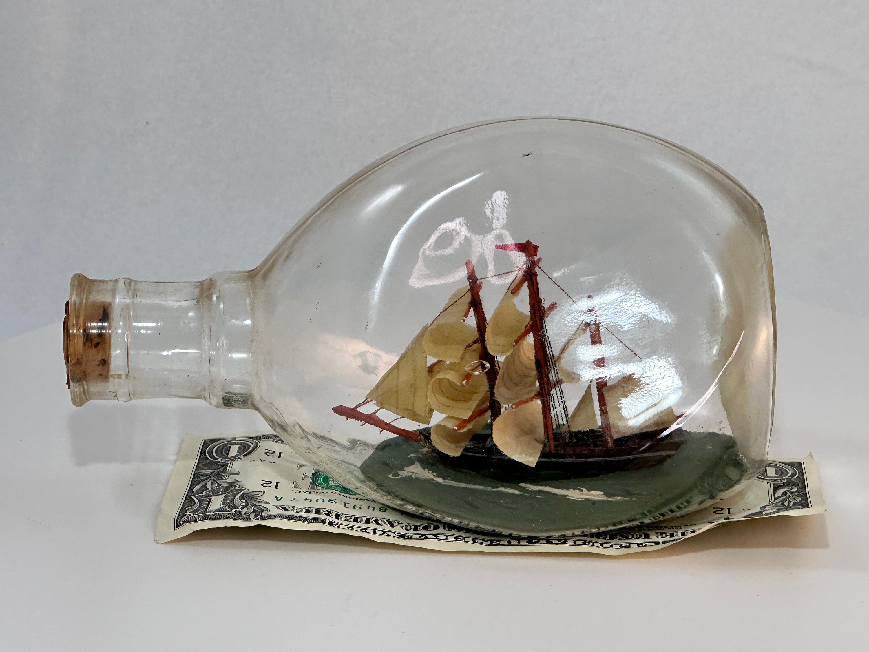 Vintage Ship in a Bottle Model Boat Dimple Pinch Glass With Cork Three ...