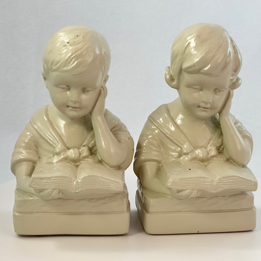 Vintage Chalk Ware Bookends Boy and Girl Children's Library White Satin ...