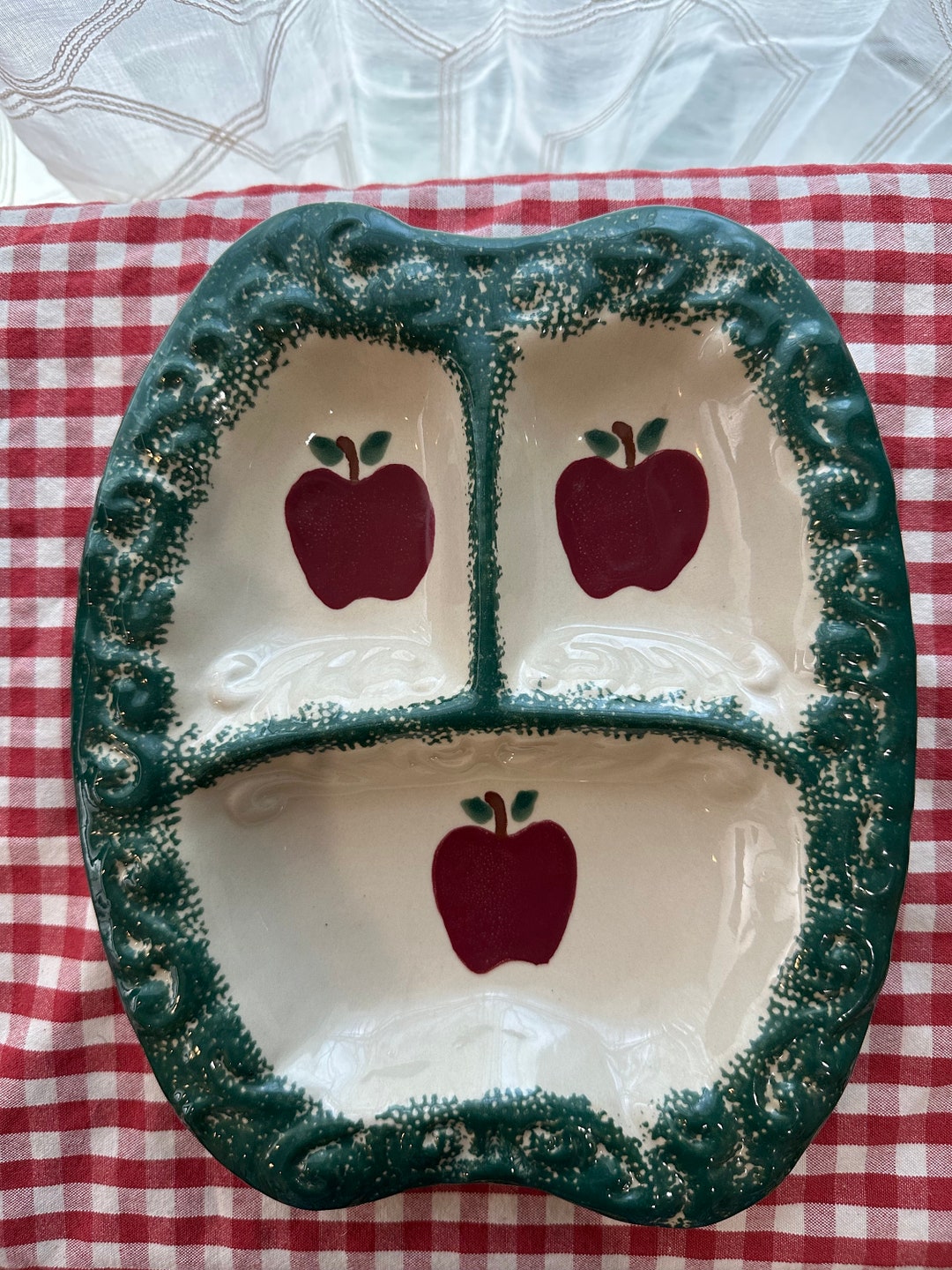 Green Sponge Stoneware Hand Painted Apples 3 Section Serving Dish ...