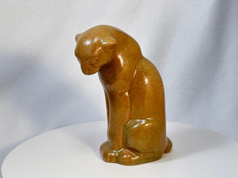 FRANKOMA Puma Cat Figurine, Glazed Western Tan Green Ceramic Sitting ...