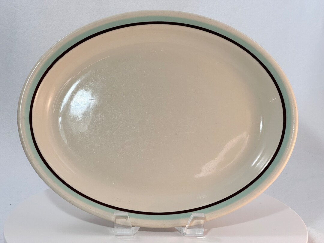 Large Shenango Pottery Restaurant Ware 11.5 Oval Deep Platter Turquoise Blue Brown Stripe ...