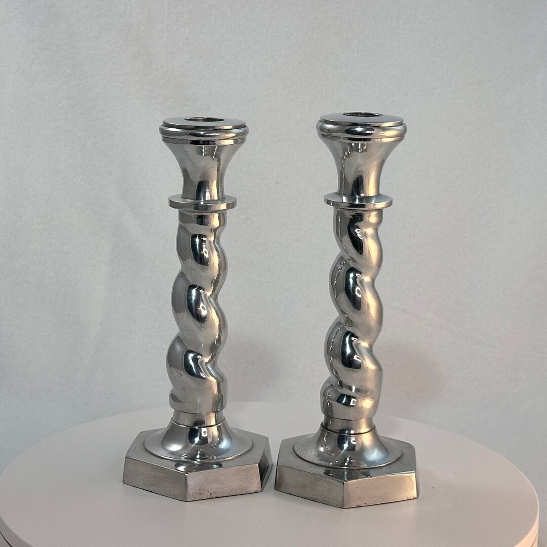 Chunky Barley Twist Aluminum Candlesticks Heavy Taper Holders Pair ...