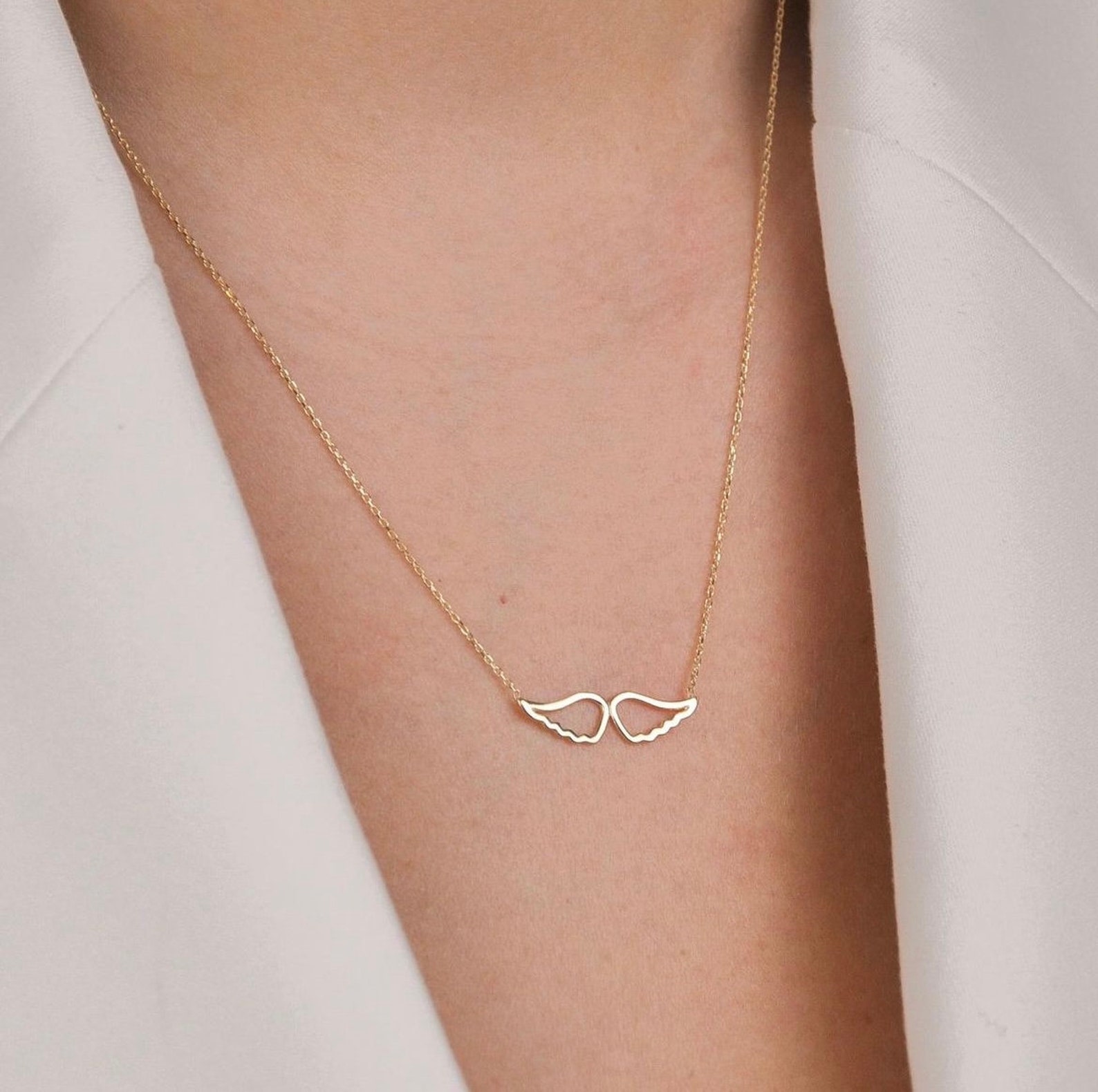 14K Gold Angel Wing Necklace, Fairy Wings, Small Gold Wings, Guardian ...