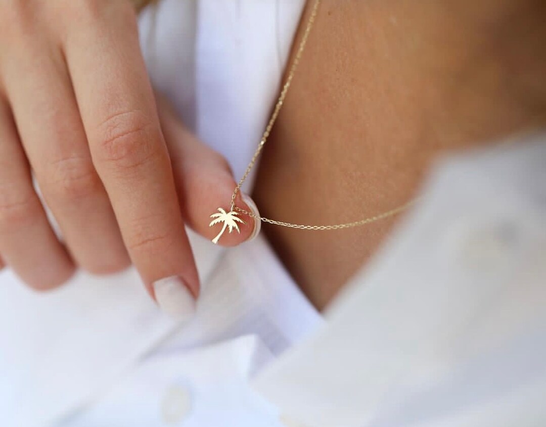 14k Solid Gold Palm Tree Necklace, Daintry Chain, Minimal Necklace ...