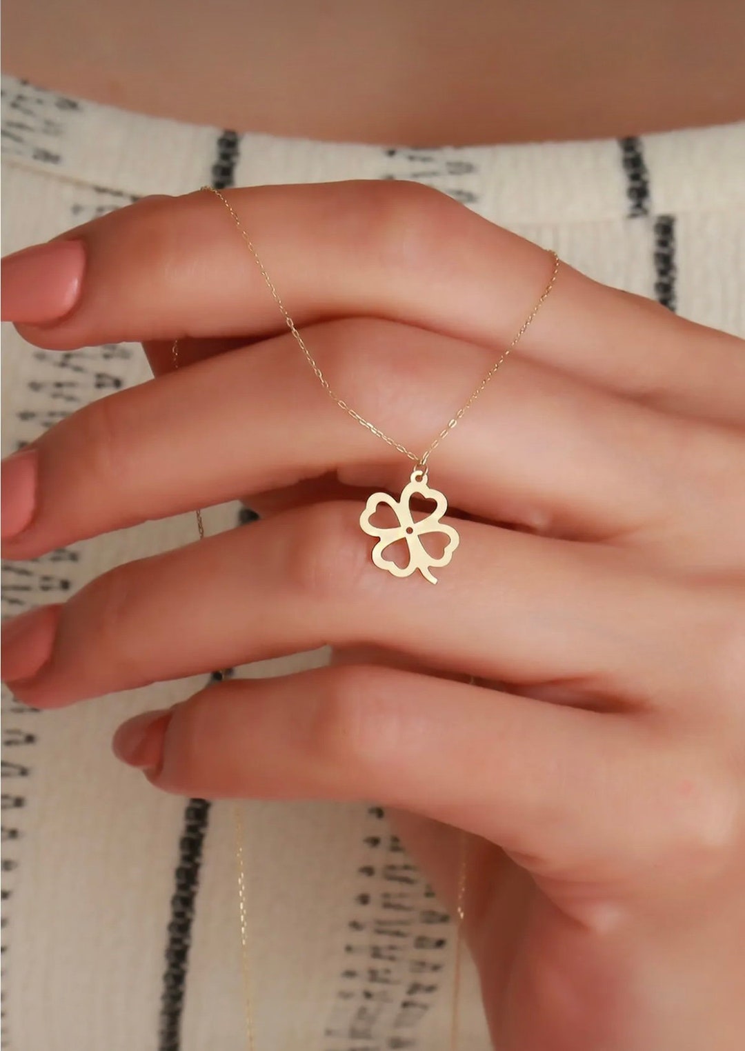 14k Solid Gold Four Leaf Clover Necklace, Luck Charm Necklace, Clover ...