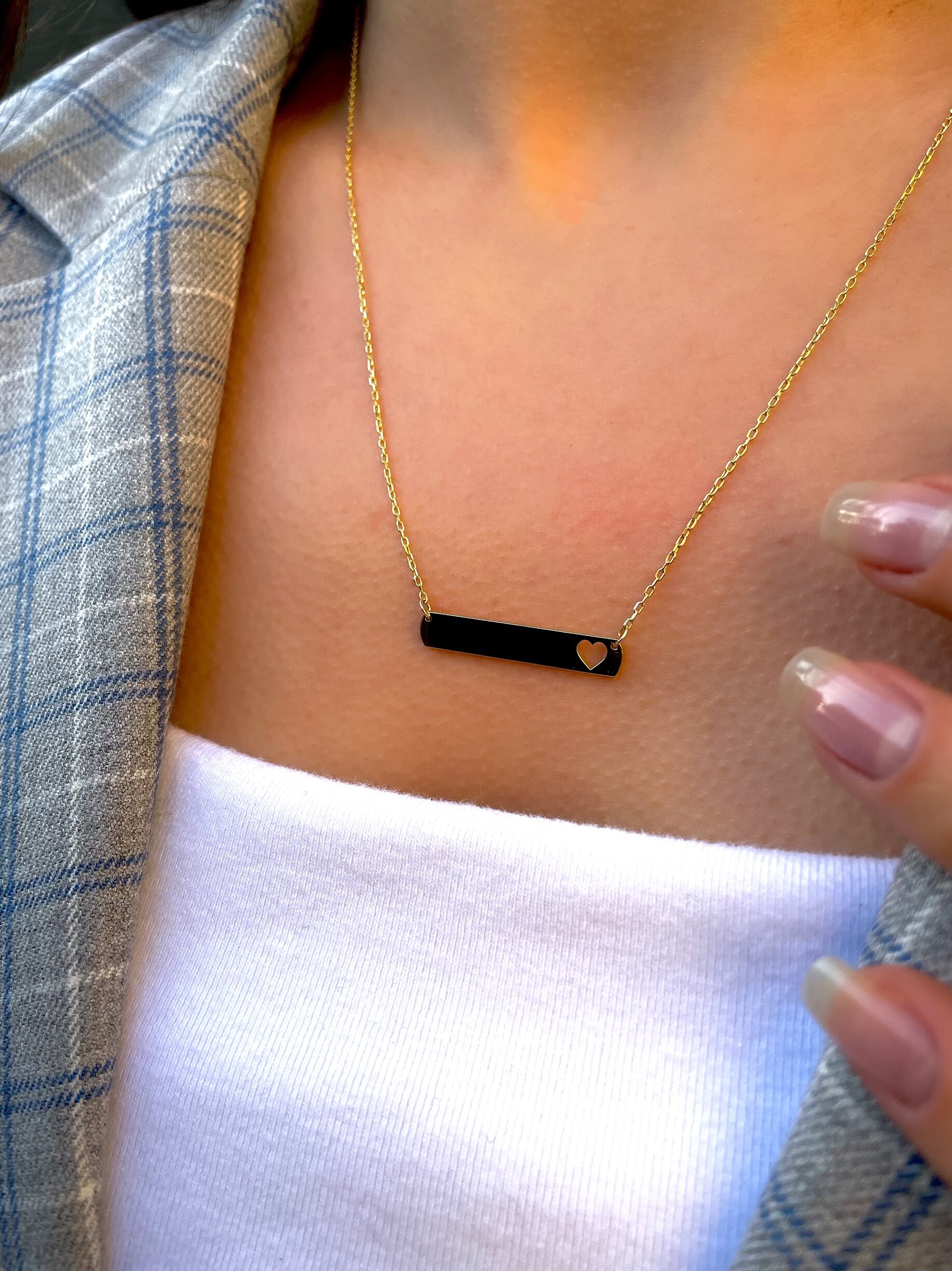 14k Solid Gold Custom Engraved Bar Necklace for Women | 14k Real Gold ...