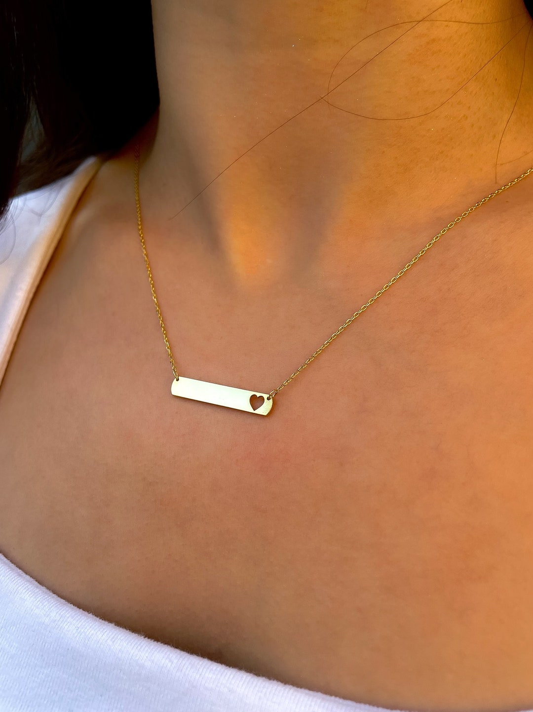 14k Solid Gold Custom Engraved Bar Necklace for Women | 14k Real Gold ...