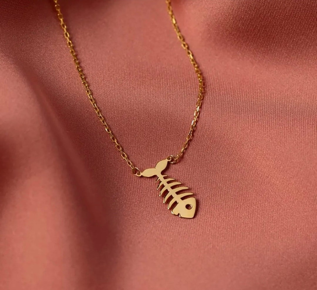 14 Carat Gold Fish Necklace, Gold Fishbone Necklace, Elegant Necklace ...