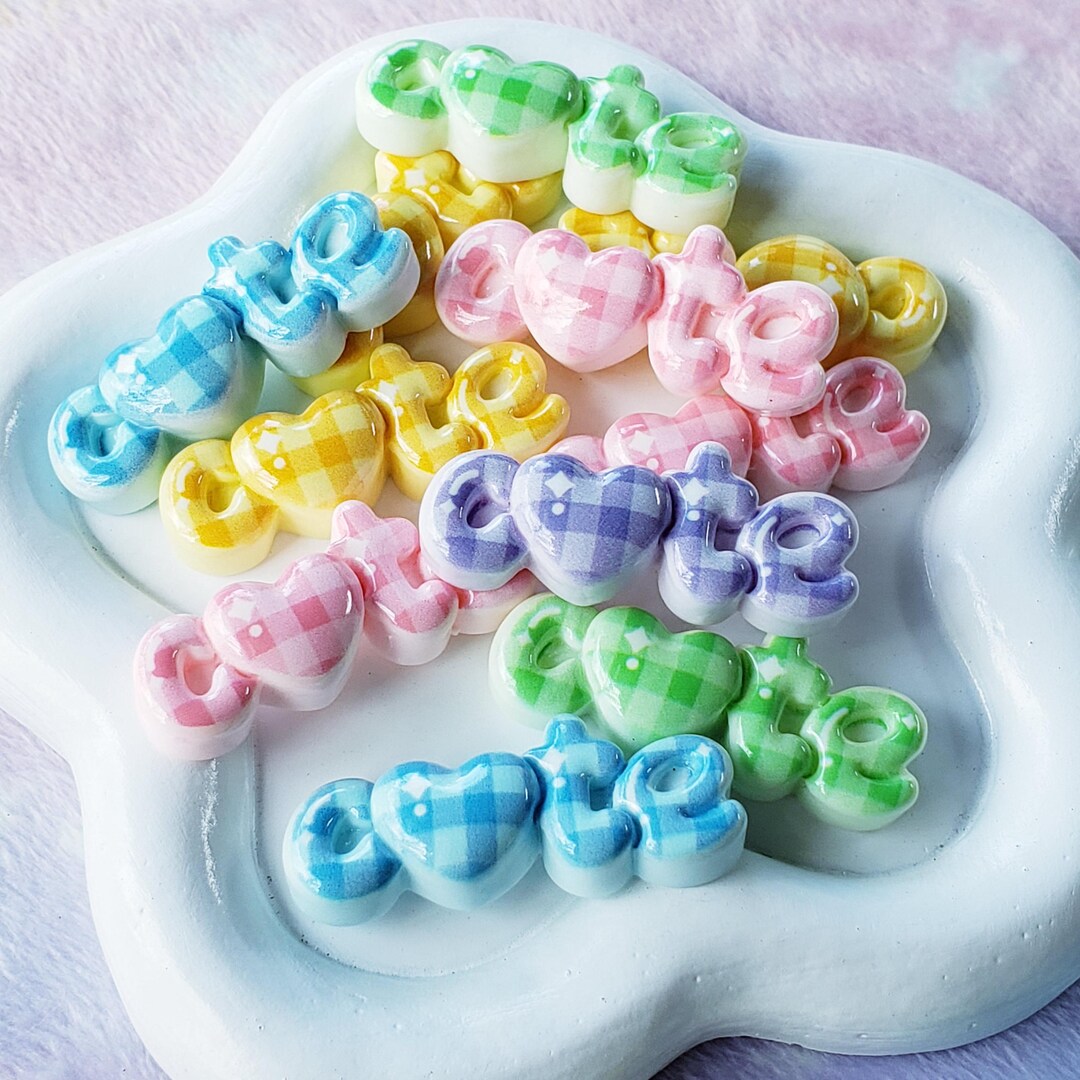 5pc Kawaii Pastel "cute" Hearts Resin Flatback Cabochon Embellishment ...