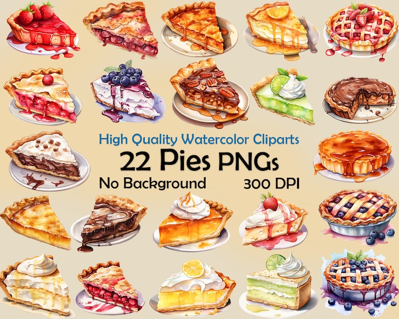 Watercolor Pies Clipart Dessert PNG Pumpkin Lemon Blueberry Strawberry ...
