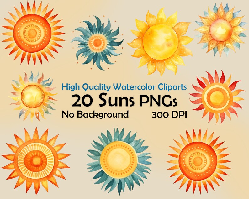 Watercolor Cute Sun Clipart Celestial PNG Summer Digital Art Sunshine ...