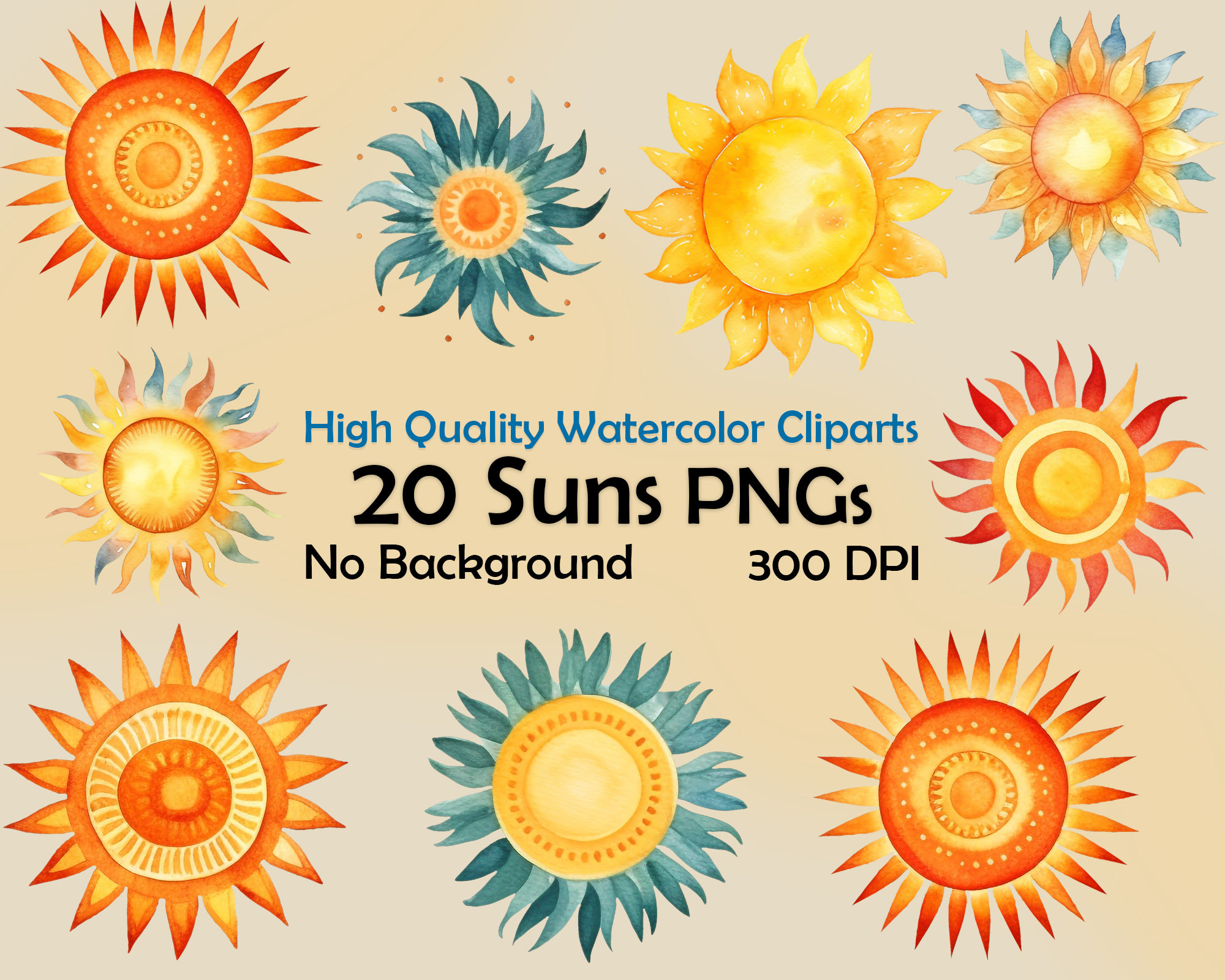 Watercolor Cute Sun Clipart Celestial PNG Summer Digital Art Sunshine ...