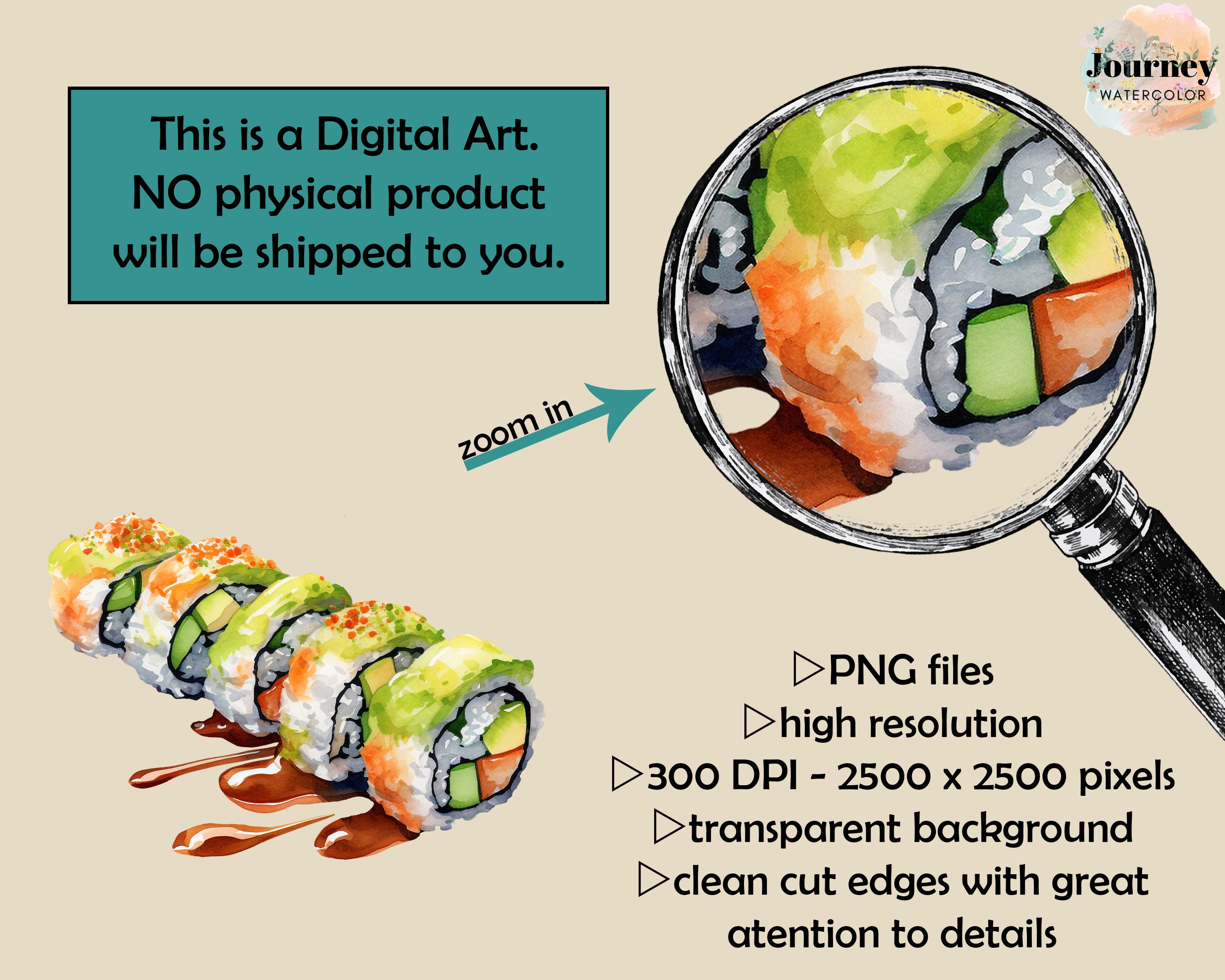 Watercolor Sushi Clipart Japanese Food PNG Digital Art Uramaki Maki ...