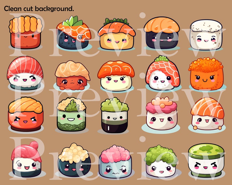 40 Wakaii Sushi Clipart Cute Japanese Food PNG Tempura Nigiri Digital ...