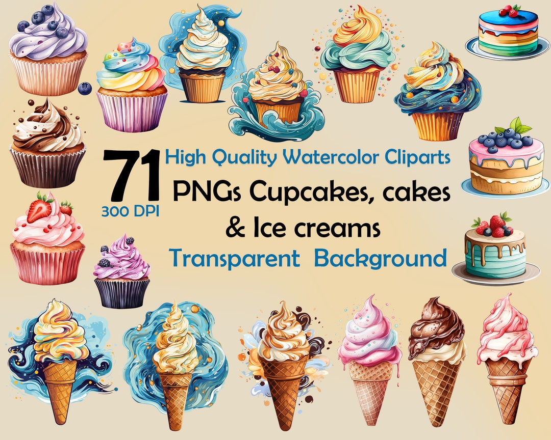 Watercolor Sweets Clipart, Ice Cream Clipart, Watercolor Cupcake ...