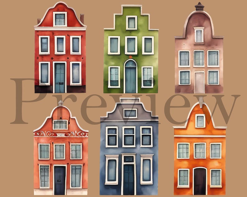 Watercolor Dutch Houses Clipart Amsterdam Colorful Buildings PNG ...