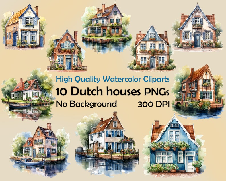 Watercolor Dutch Houses by the Lake Clipart Colorful Buildings PNG ...