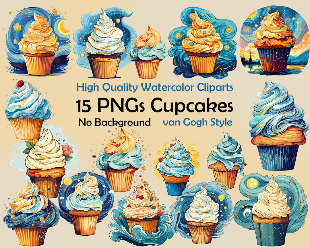Van Gogh Style Cupcake Clipart: Watercolor Muffin PNG Bundle (digital ...