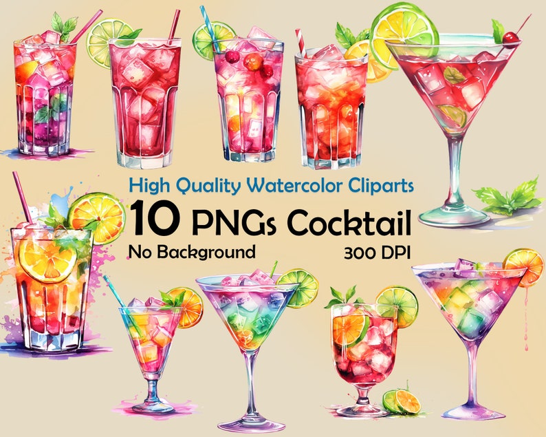 Watercolor Cocktails Clipart Colorful Summer Alcohol Drinks Png Digital ...