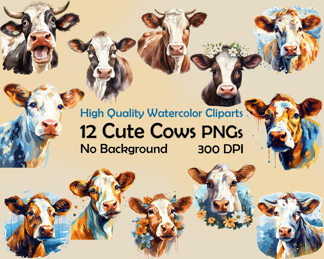 Watercolor Cow Clipart: Farm Animal PNG Illustrations (digital Download ...
