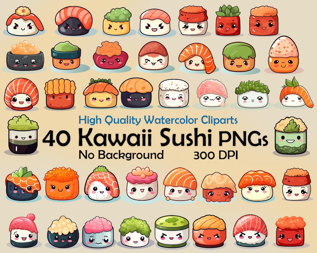 40 Wakaii Sushi Clipart Cute Japanese Food PNG Tempura Nigiri Digital ...