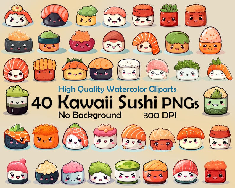 40 Wakaii Sushi Clipart Cute Japanese Food PNG Tempura Nigiri Digital ...