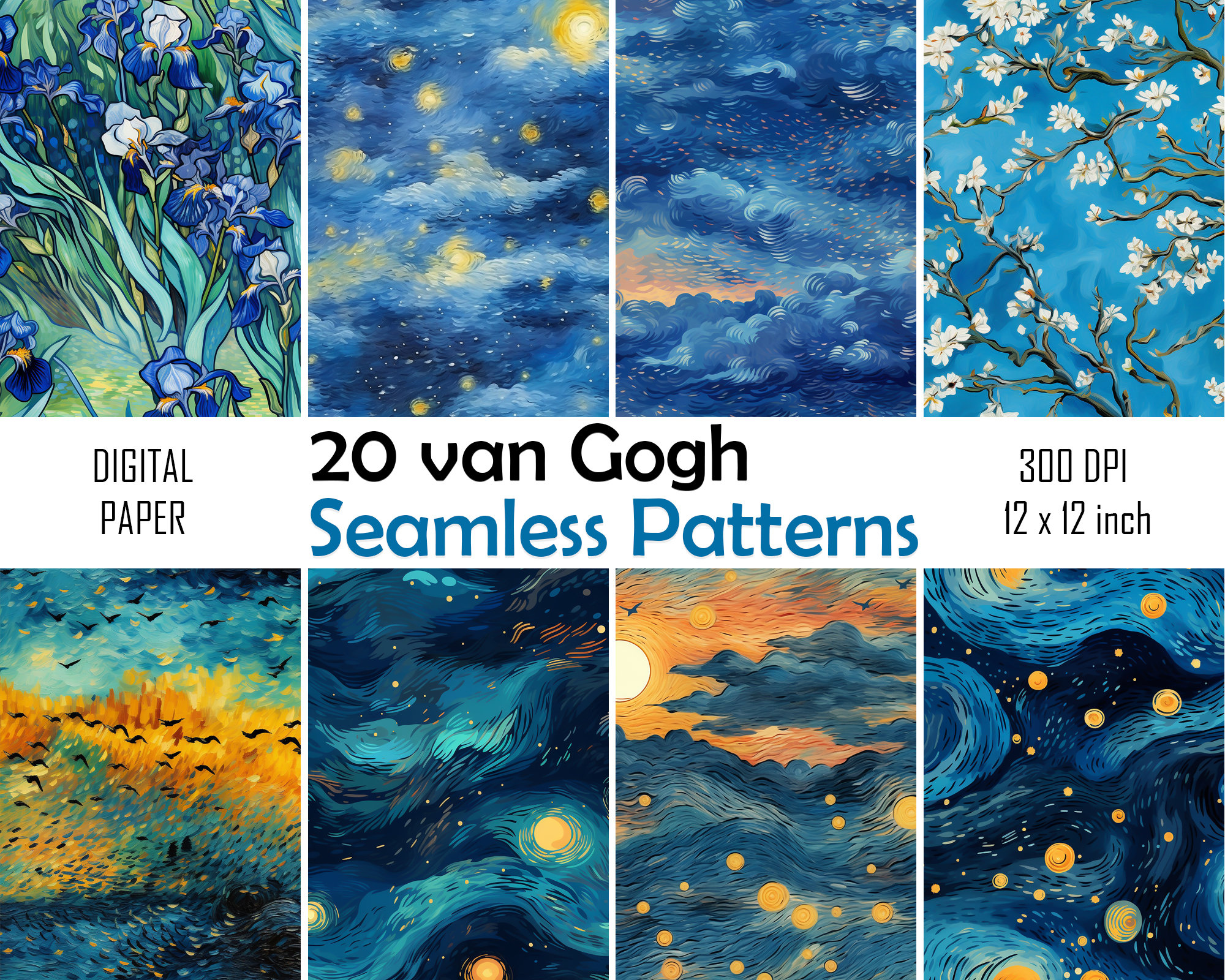 Seamless Pattern Van Gogh Digital Paper Watercolor Paint Sky Pattern ...