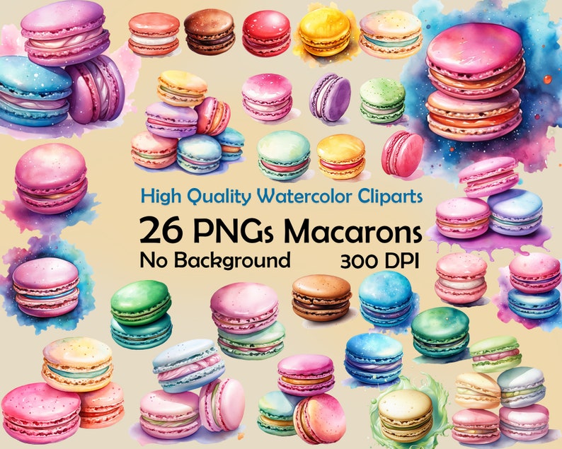 Watercolor Macarons Clipart Bundle, Colorful Candy Bar French Sweets ...
