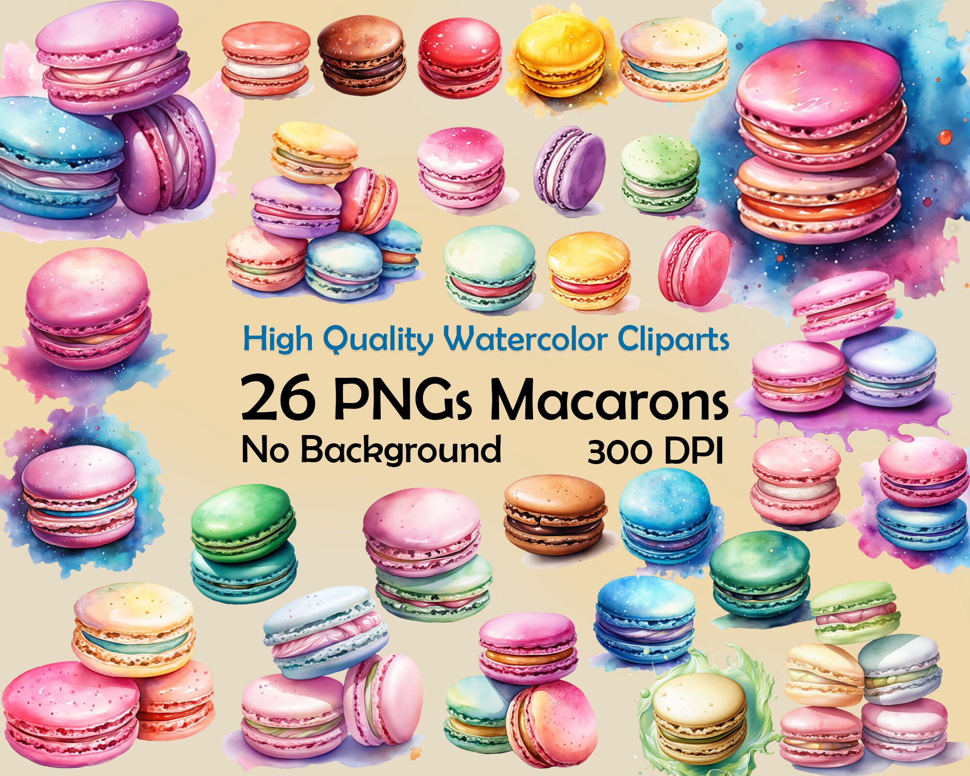 Watercolor Macarons Clipart Bundle, Colorful Candy Bar French Sweets ...